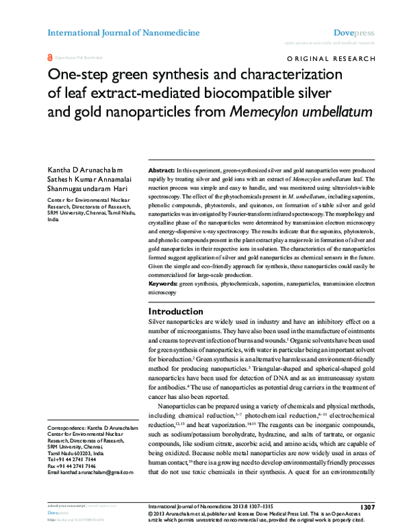 (PDF) One-step green synthesis and characterization of leaf extract-mediated biocompatible ...