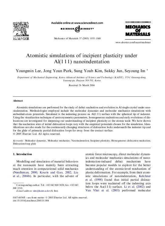 (PDF) Atomistic simulations of incipient plasticity under Al (111) nanoindentation