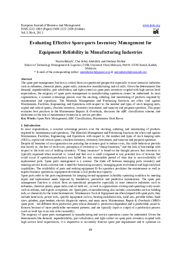 (PDF) Evaluating Effective Spare-parts Inventory Management for Equipment Reliability in ...