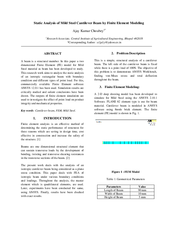 Pdf Static Analysis Of Mild Steel Cantilever Beam By Finite Element Modeling