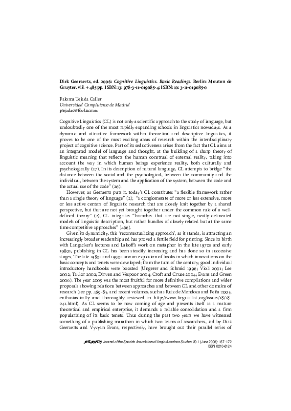 (PDF) Review of Geeraerts, Dirk ed. 2006. Cognitive Linguistics. Basic ...