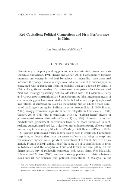 (PDF) Red capitalists: Political connections and firm performance in China