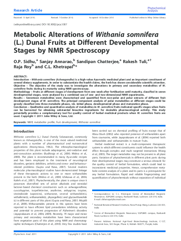 (PDF) Metabolic alterations of Withania somnifera (L.) Dunal fruits at ...