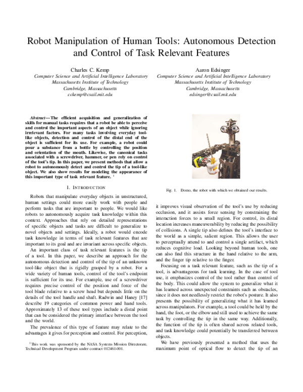 Pdf Robot Manipulation Of Human Tools Autonomous Detection And Control Of Task Relevant Features