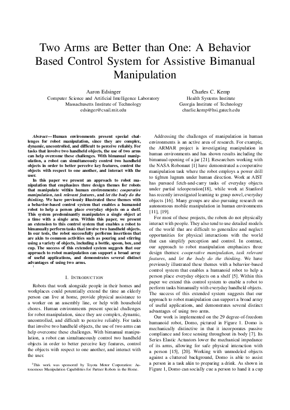 (PDF) Two Arms Are Better Than One: A Behavior Based Control System for ...