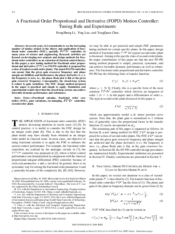 Pdf A Fractional Order Proportional And Derivative Fopd Motion Controller Tuning Rule And