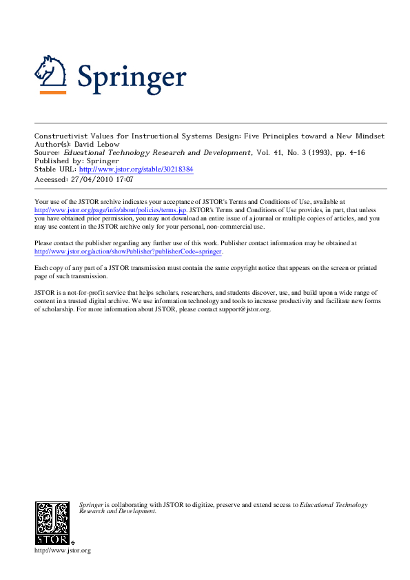 (PDF) Constructivist values for instructional systems design: Five principles toward a new mindset