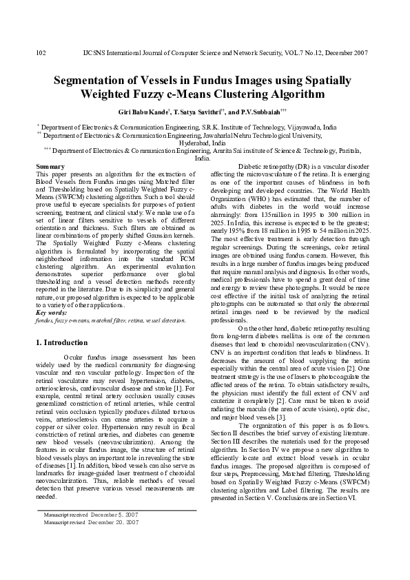 Pdf Segmentation Of Vessels In Fundus Images Using Spatially Weighted Fuzzy C Means Clustering