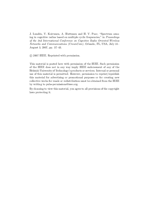 Pdf Spectrum Sensing In Cognitive Radios Based On Multiple Cyclic Frequencies