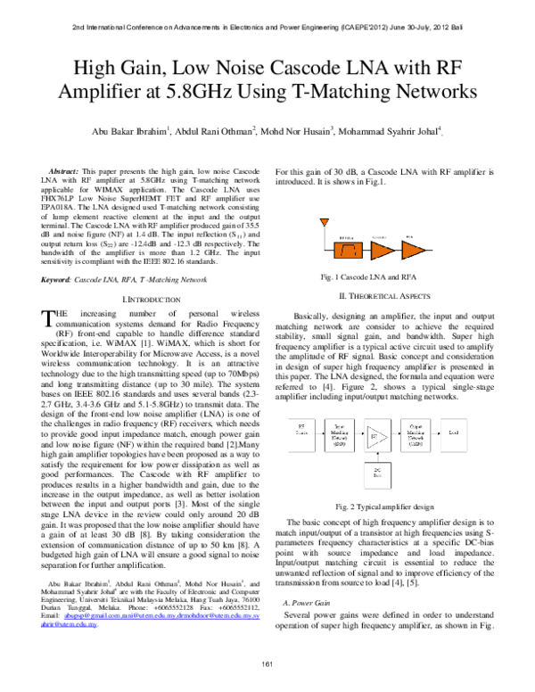 (PDF) high gain, low noise cascode LNA with RF amplifier at 5.8GHz using T-matching network