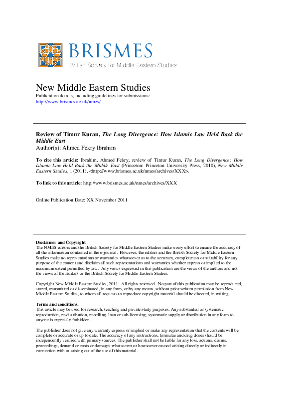 (PDF) Review of Timur Kuran's The Long Divergence: How Islamic Law Held ...