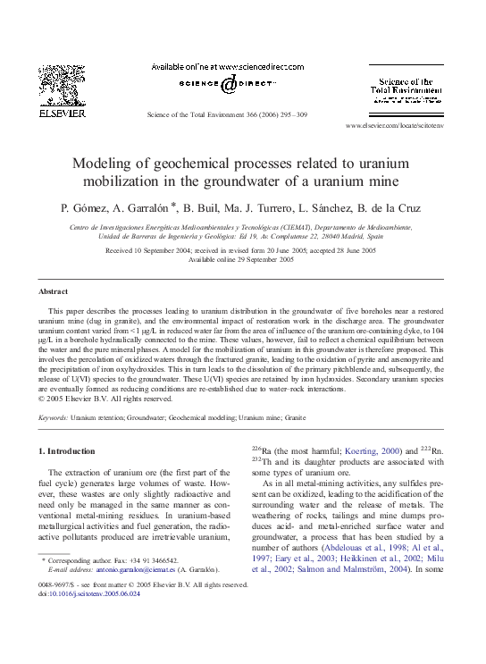 Modeling of geochemical processes related to uranium mobilization in the groundwater of a ...