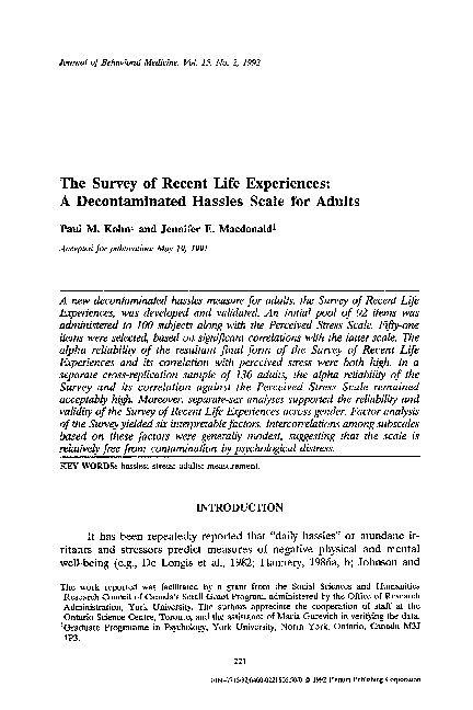 (PDF) The Survey of Recent Life Experiences: A decontaminated hassles ...