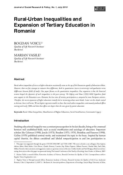 (PDF) Bogdan Voicu, Marian Vasile. 2010. Rural-Urban Inequalities and ...