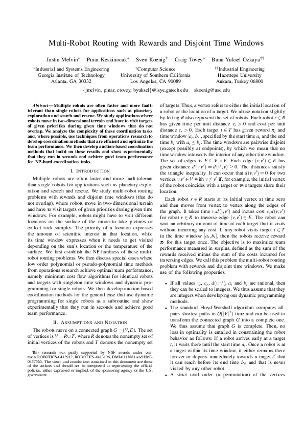 (PDF) Multi-robot routing with rewards and disjoint time windows