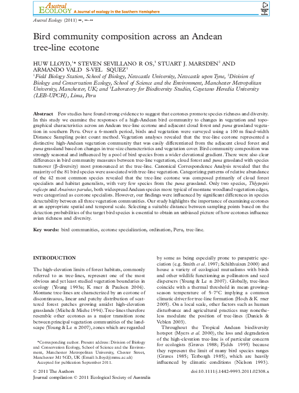 (PDF) Bird community composition across an Andean tree‐line ecotone