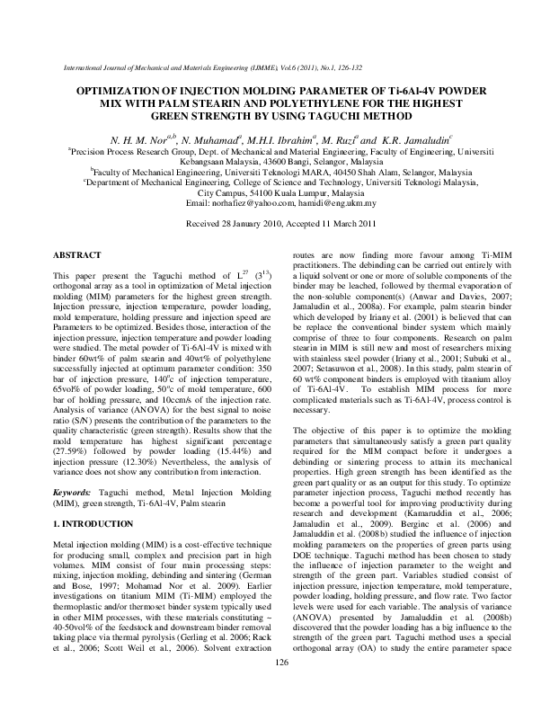 Pdf Optimization Of Injection Molding Parameter Of Ti 6al 4v Powder