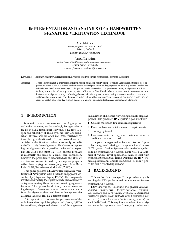 (PDF) Implementation and Analysis of a Handwritten Signature Verification Technique