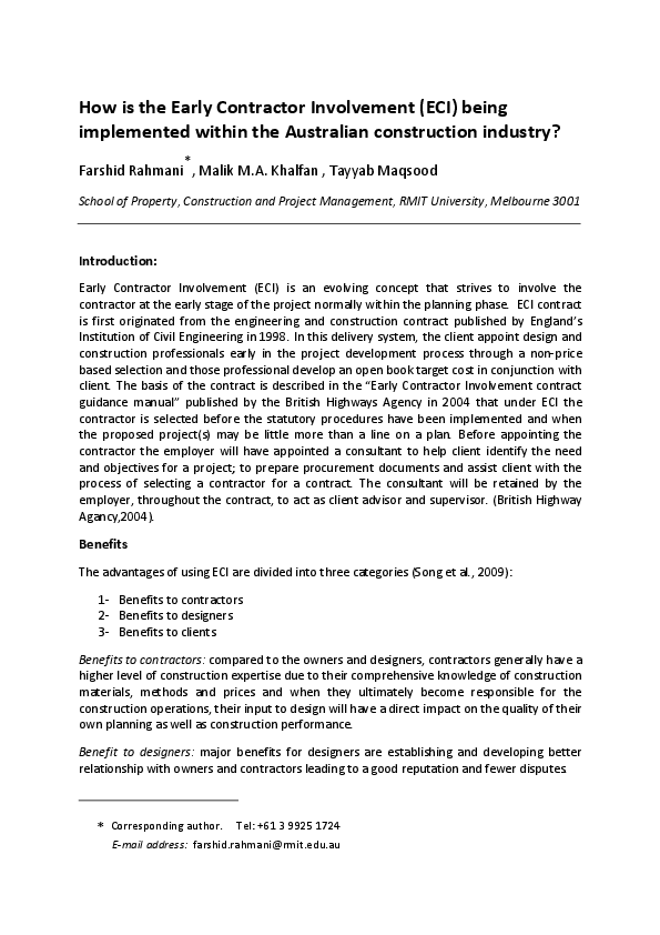 (PDF) How is the Early Contractor Involvement (ECI) being implemented ...