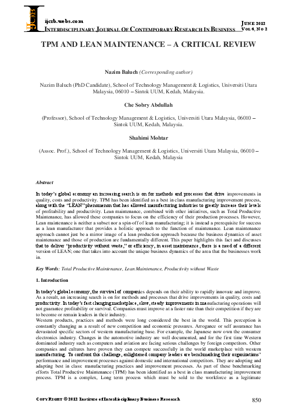(PDF) TPM AND LEAN MAINTENANCE – A CRITICAL REVIEW