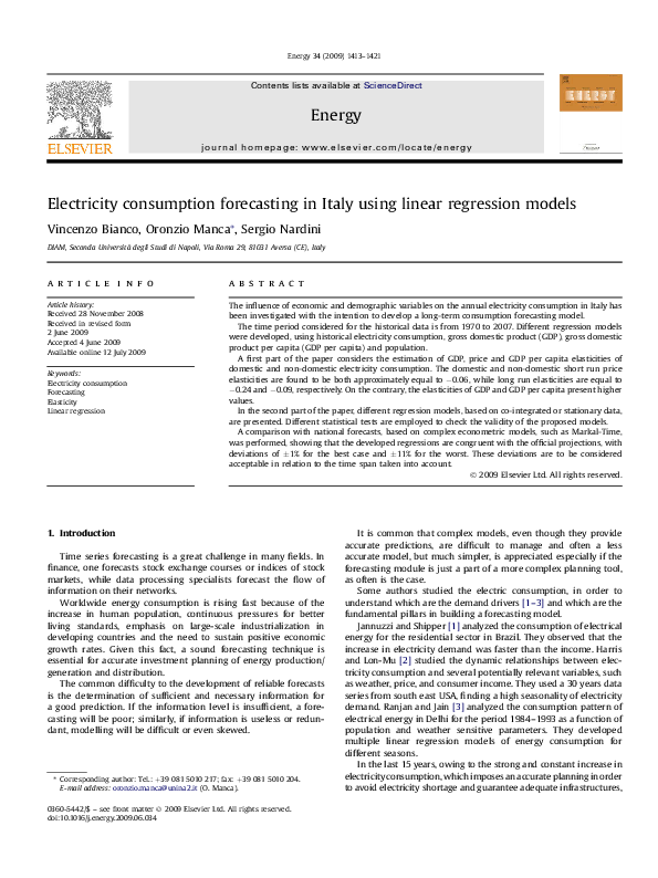 Pdf Electricity Consumption Forecasting In Italy Using Linear Regression Models