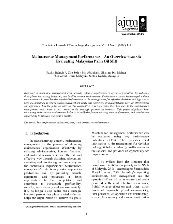 (PDF) Maintenance Management Performance – An Overview towards ...