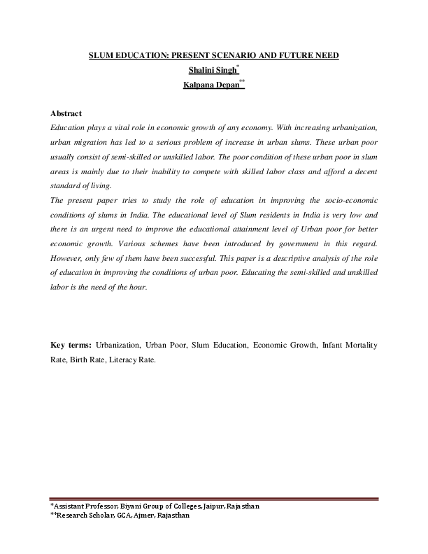 (DOC) SLUM EDUCATION: PRESENT SCENARIO AND FUTURE NEED