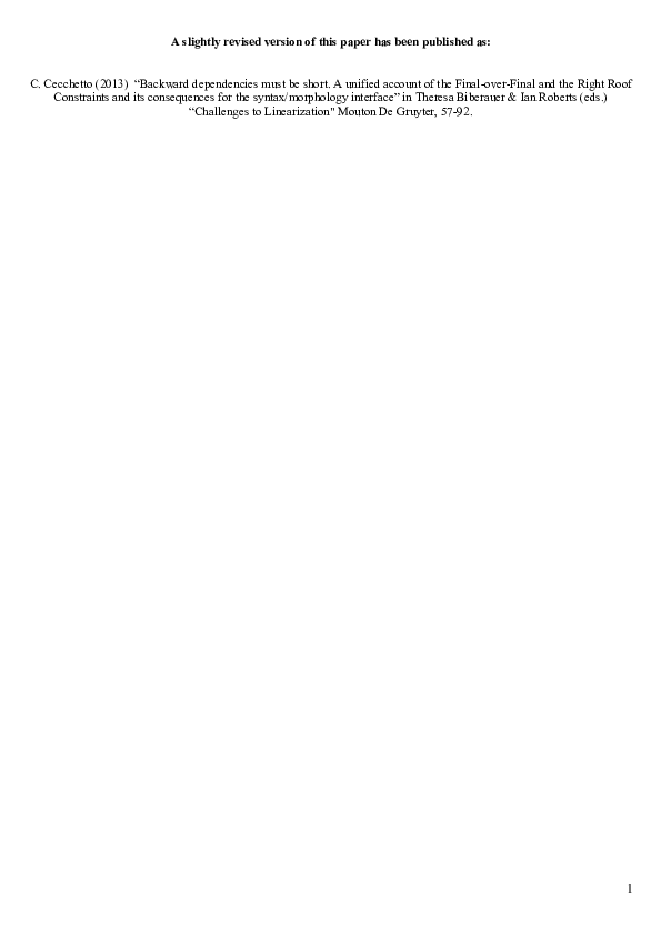 Backward dependencies must be short. A unified account of the Final ...