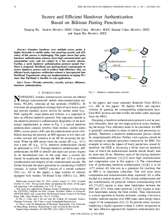 Pdf Secure And Efficient Handover Authentication Based On Bilinear Pairing Functions