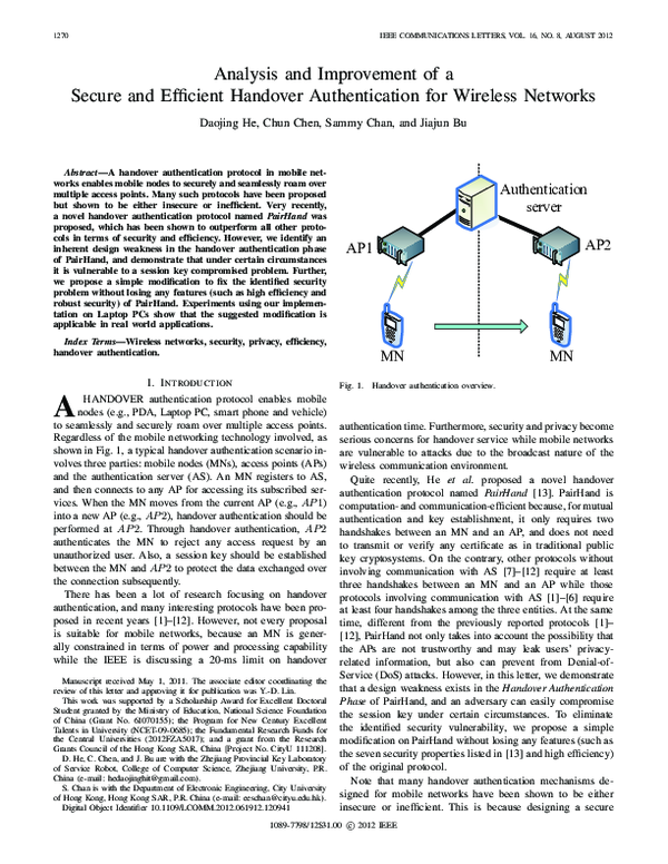 Pdf Analysis And Improvement Of A Secure And Efficient Handover Authentication For Wireless