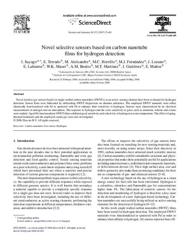 (PDF) Novel selective sensors based on carbon nanotube films for hydrogen detection