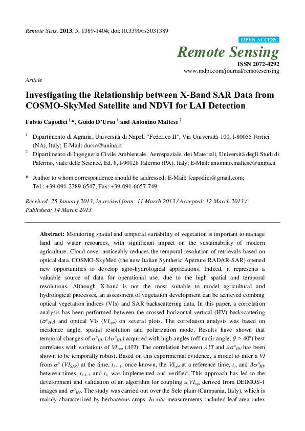 Pdf Investigating The Relationship Between X Band Sar Data From Cosmo Skymed Satellite And