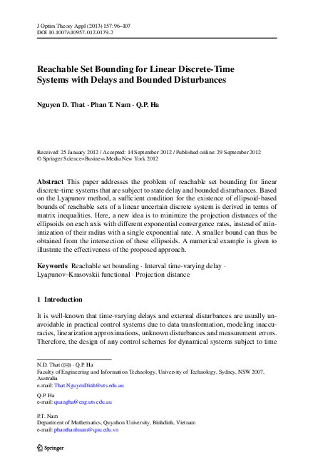 Pdf Reachable Set Bounding For Linear Discrete Time Systems With Delays And Bounded Disturbances