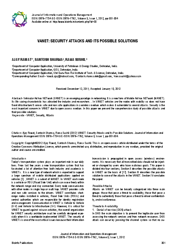 Pdf Vanet Security Attacks And Its Possible Solutions