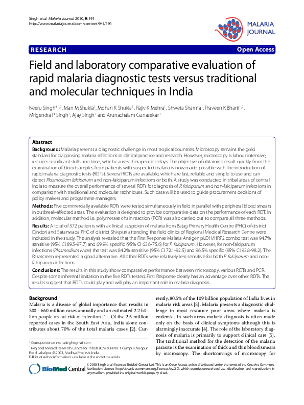 (PDF) Field and laboratory comparative evaluation of rapid malaria ...