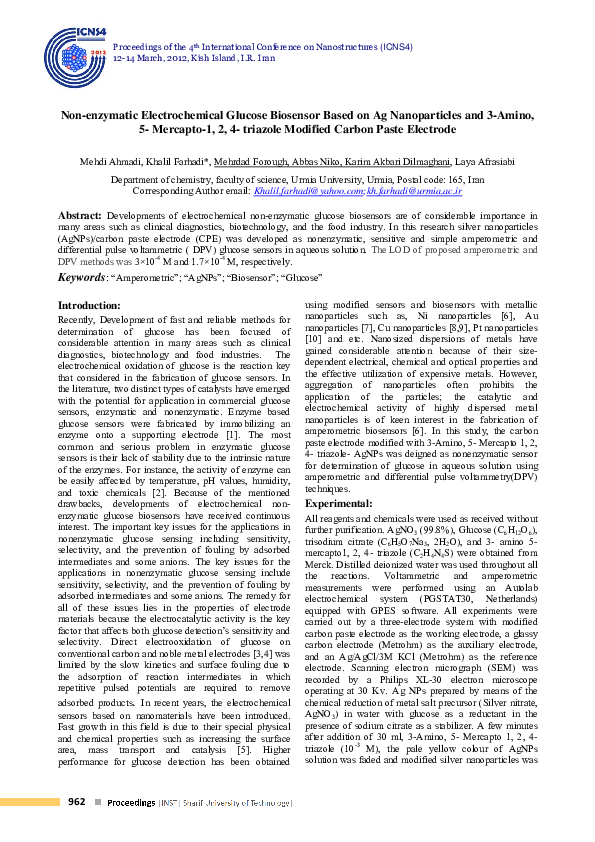 (PDF) Non-enzymatic Electrochemical Glucose Biosensor Based on Ag Nanoparticles and 3-Amino, 5 ...