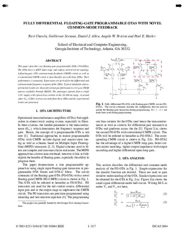 Pdf Fully Differential Floating Gate Programmable Otas With Novel Common Mode Feedback