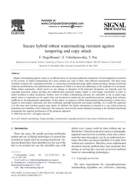 (PDF) Secure hybrid robust watermarking resistant against tampering and copy attack
