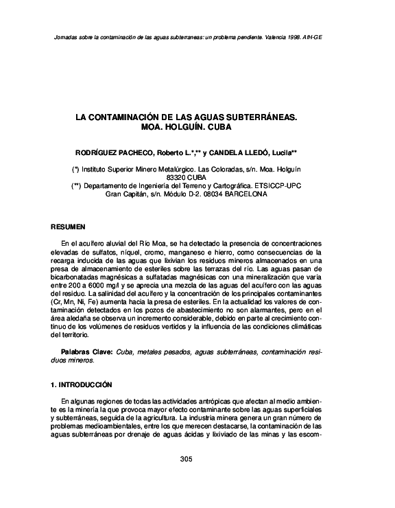 (PDF) LA CONTAMINACIÓN DE LAS AGUAS SUBTERRÁNEAS. MOA. HOLGUÍN. CUBA