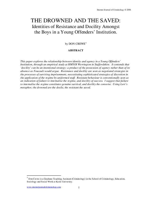 (PDF) Crewe, D.J. 2006 'The drowned and the saved: Identities of ...