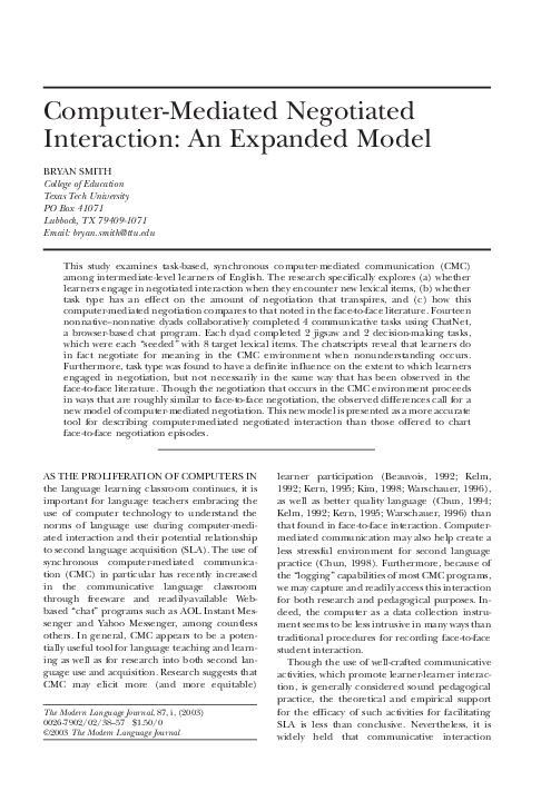 (PDF) Computer–mediated negotiated interaction: an expanded model | Temitope Victor - Academia.edu