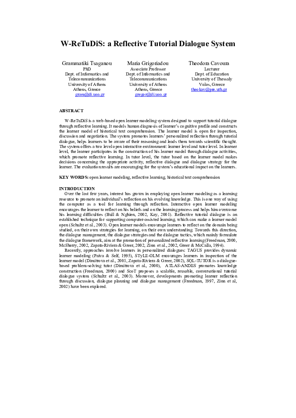 (PDF) W-ReTuDiS: a Reflective Tutorial Dialogue System