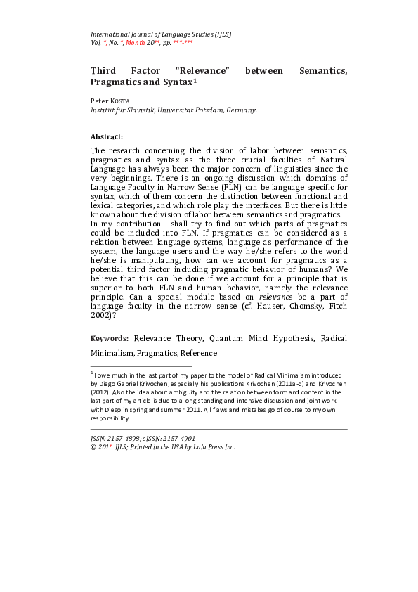 Third Factor “Relevance” between Semantics, Pragmatics and Syntax