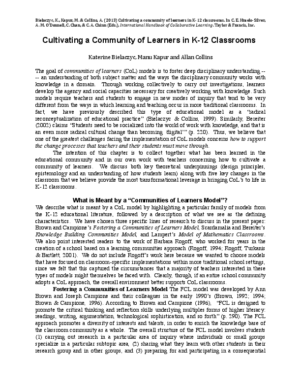 (PDF) Cultivating a Community of Learners in K-12 Classrooms
