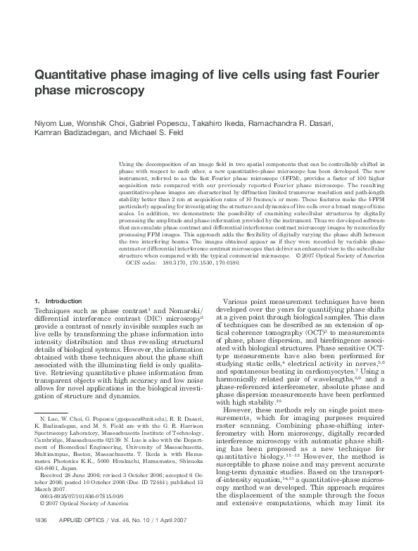 (PDF) Quantitative phase imaging of live cells using fast Fourier phase microscopy