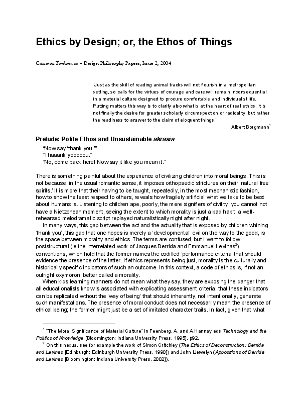 Ethics by Design, or the Ethos of Things