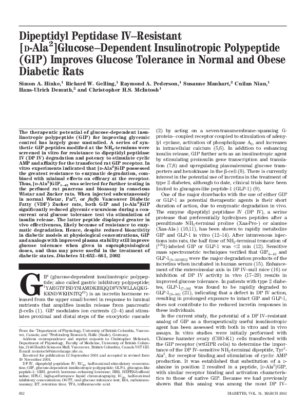 (PDF) Dipeptidyl Peptidase IV-Resistant (D-Ala 2 )Glucose-Dependent ...