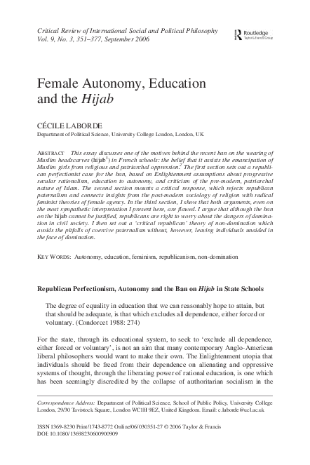 (PDF) Female autonomy, education and the hijab