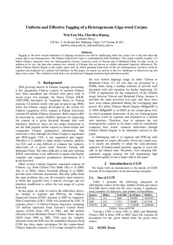 (PDF) Uniform and Effective Tagging of a Heterogeneous Giga-word Corpus