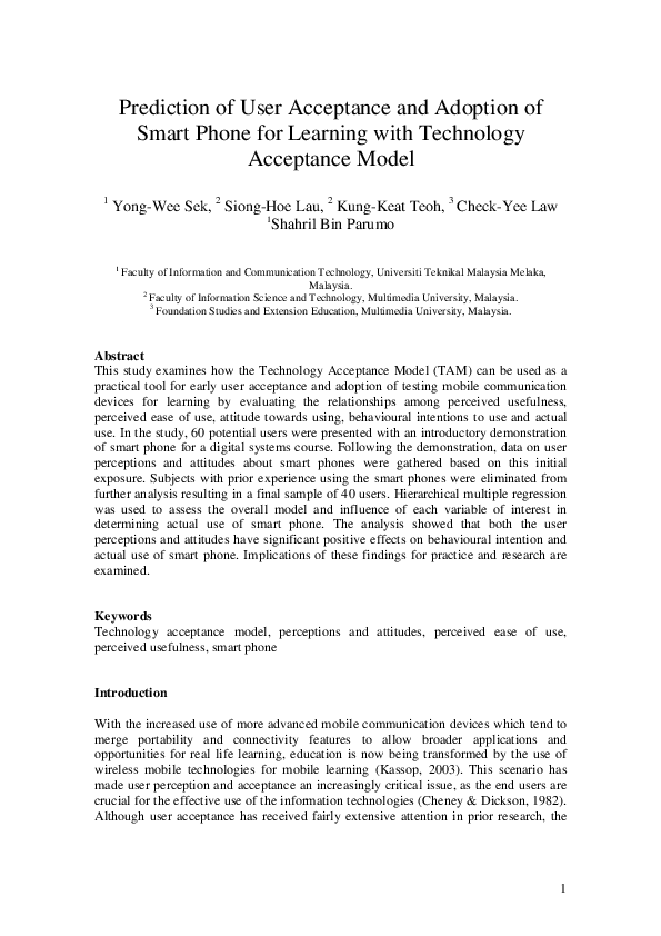 (PDF) Prediction of User Acceptance and Adoption of Smart Phone for Learning with Technology ...